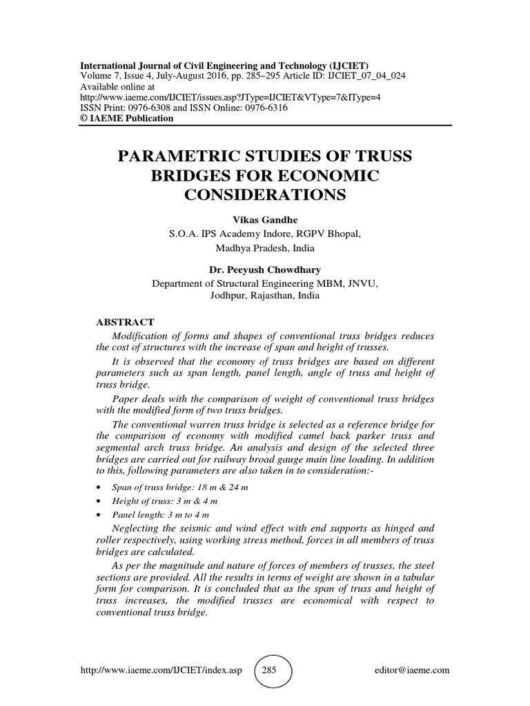 Parametric Studies of Truss Bridges For | PDF | Truss | Bridge