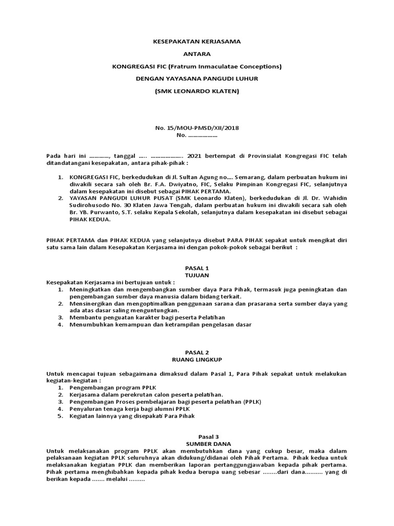 Contoh MoU KESEPAKATAN KERJASAMA Proyek Sosial | PDF