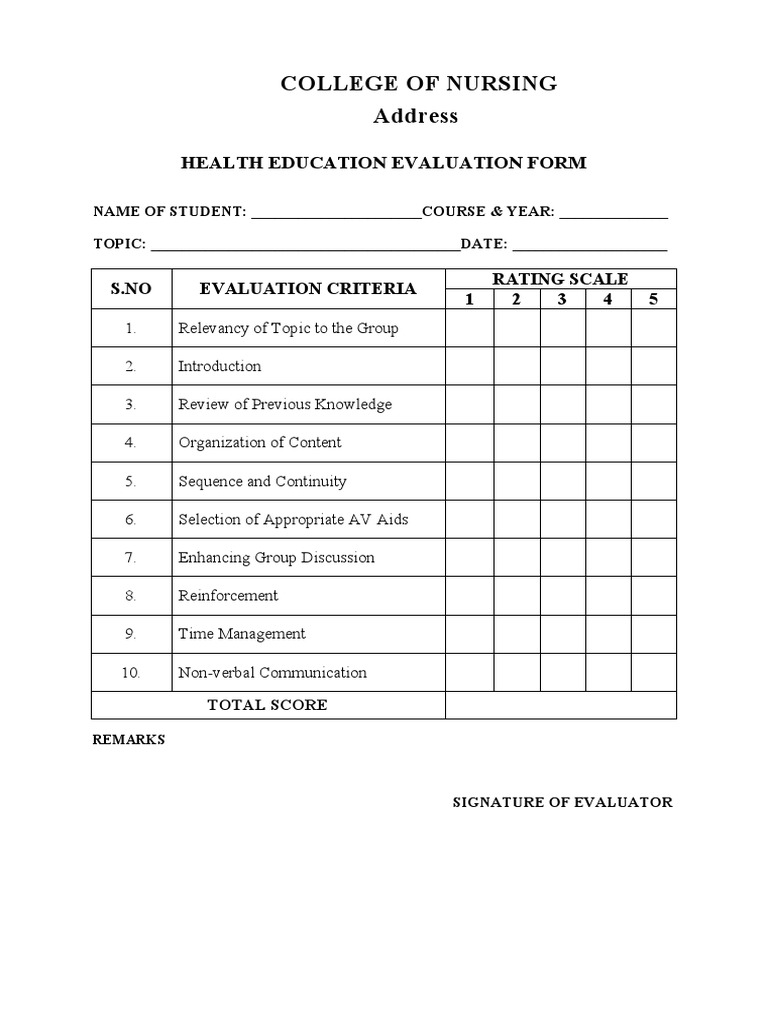Health Education - Evaluation Form | PDF