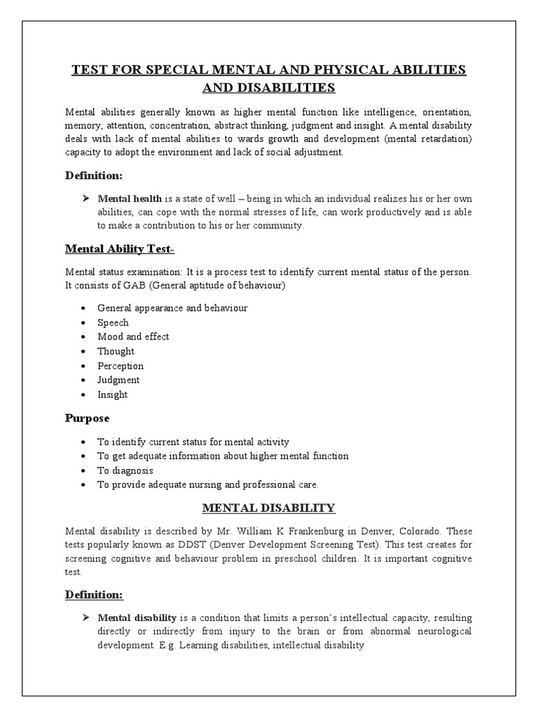 Test For Special Mental and Physical Abilities and Disabilities 2 | PDF ...