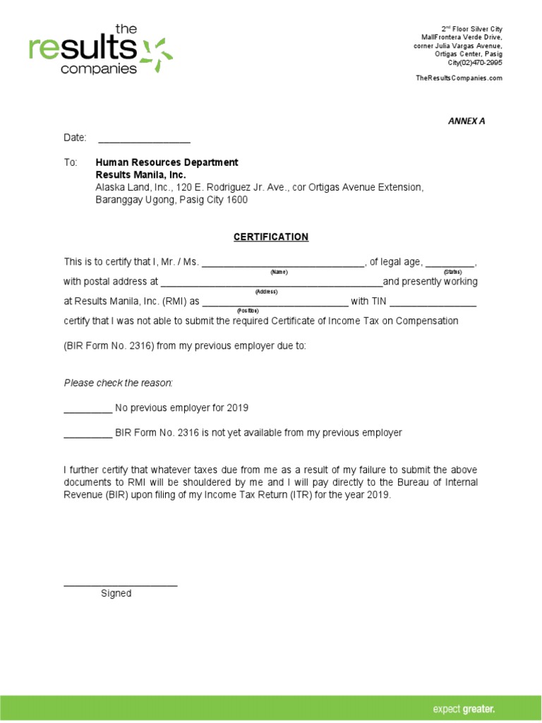Waiver Nonsubmission of BIR Form 2316 v2019 | PDF