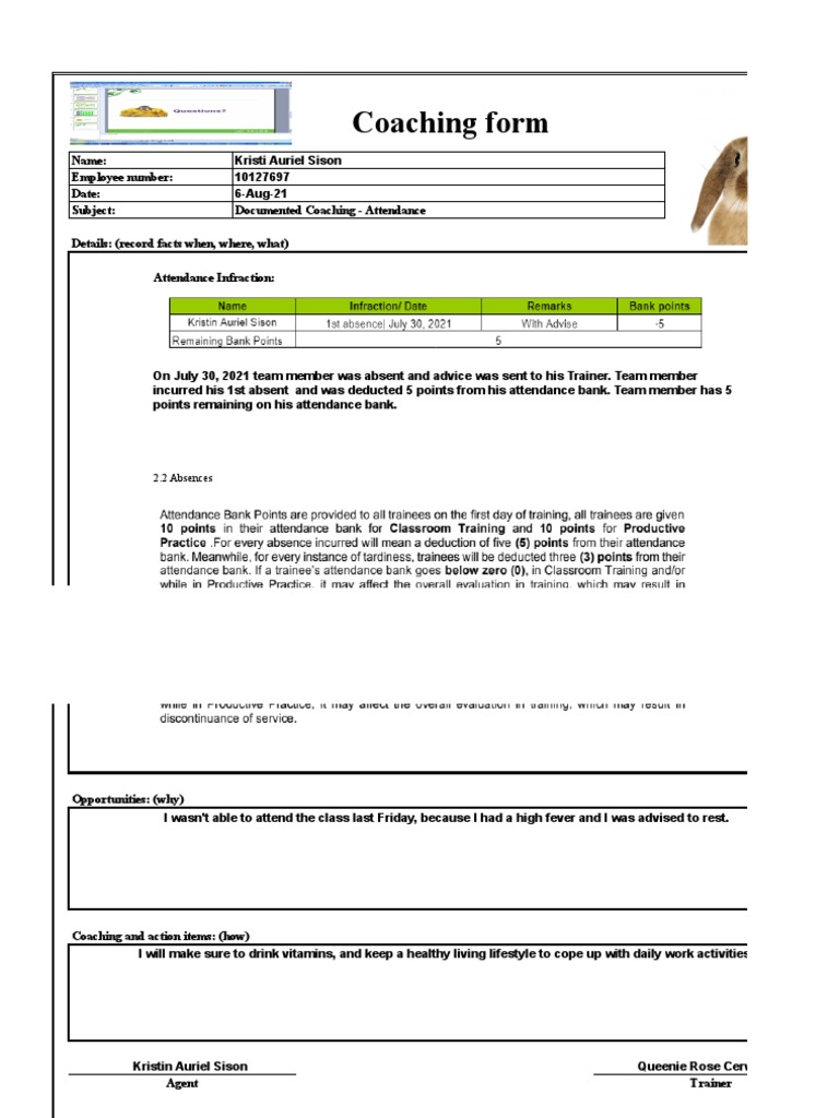 Coaching Log Kristin Auriel Sison - 1st Absence - XLSX - Sheet1 | PDF
