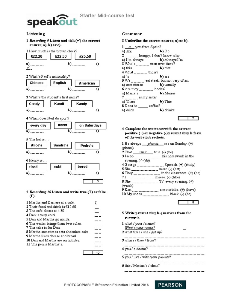 Starter Mid-Course Test: Listening Grammar | PDF