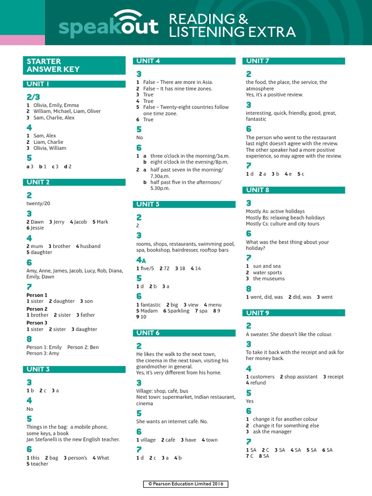Reading & Listening Extra: Starter Answer Key | PDF