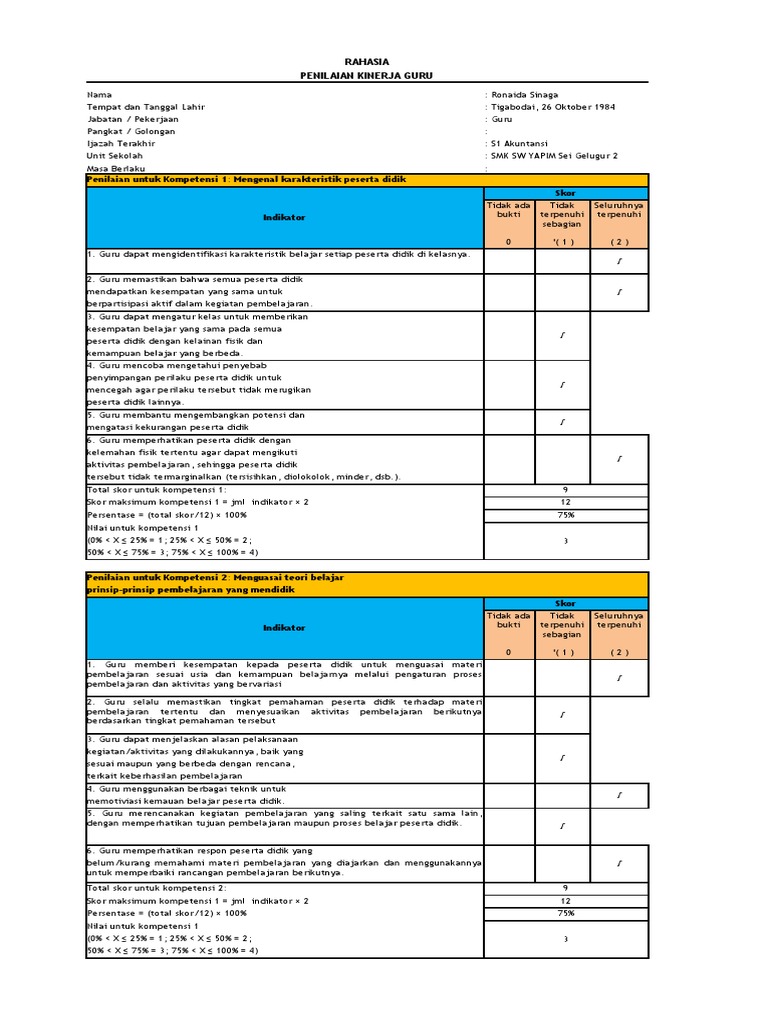 Penilaian Kinerja Guru Ronaida Sinaga | PDF