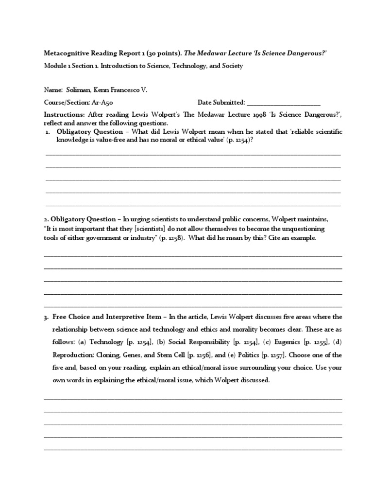 Metacognitive Reading Report 1 | PDF | Science | Science And Technology