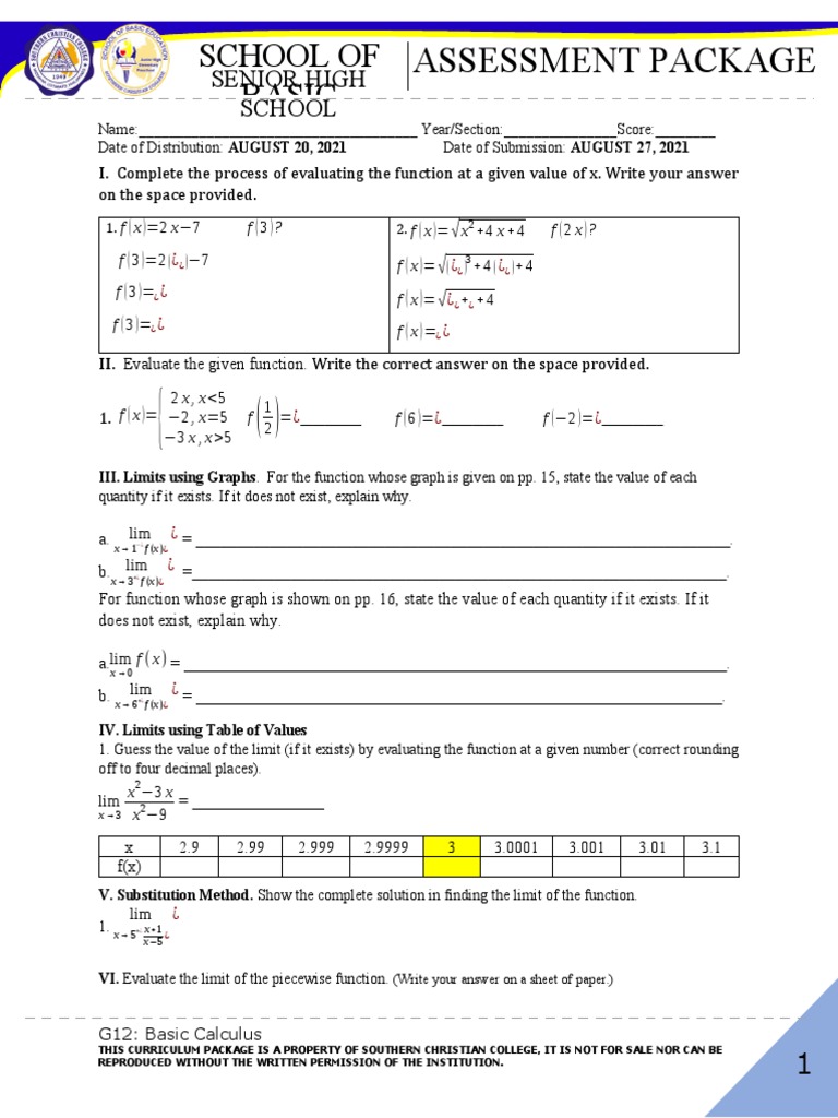 (Basic Calculus) Assessment W1 | PDF | Function (Mathematics ...