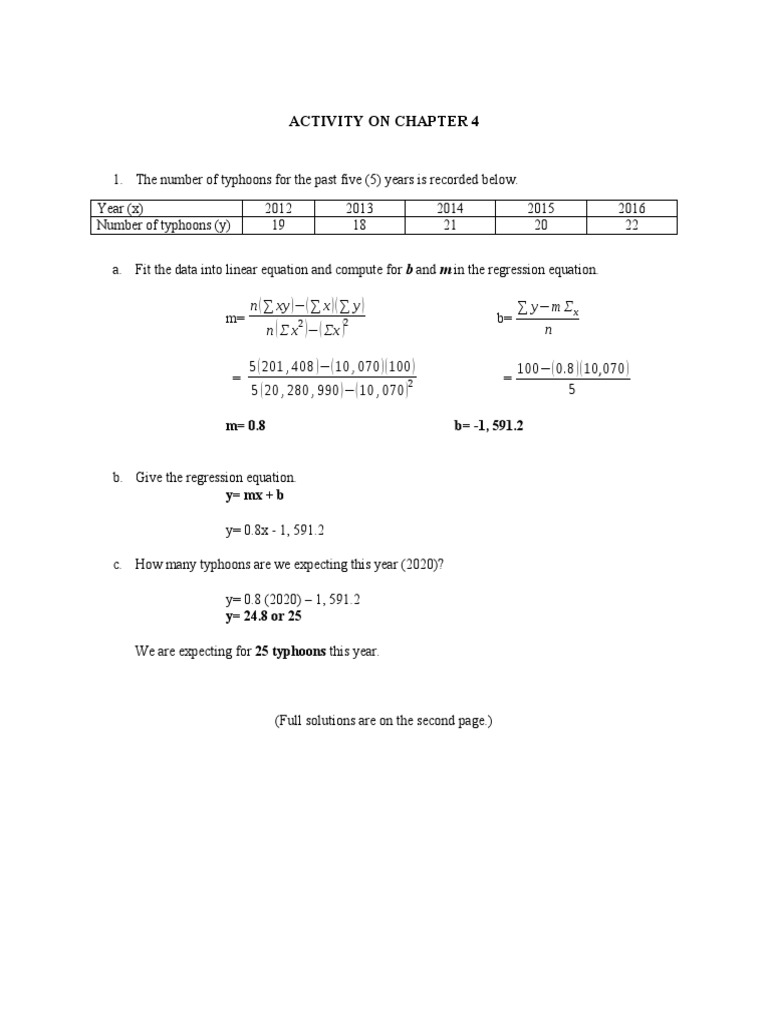Activity On Chapter 4: n (∑ xy) − (∑ x) (∑ y) n Σ x Σx) ∑ y−m Σ n | PDF