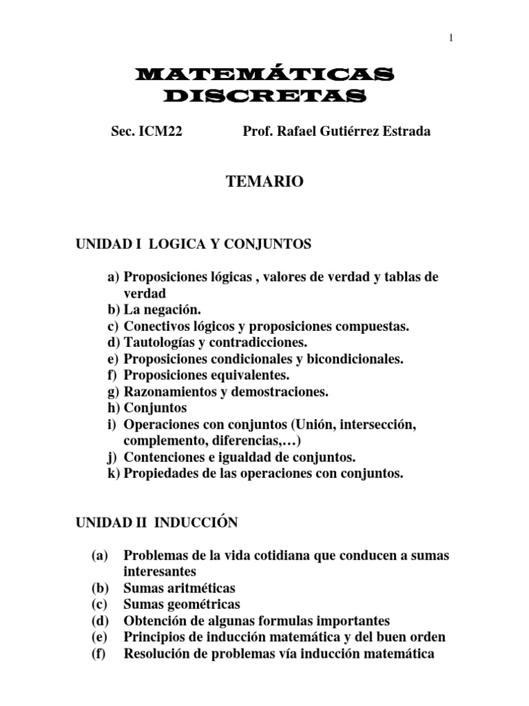 Temario de Matematicas Discretas 1 | PDF | Proposición | Relación de recurrencia
