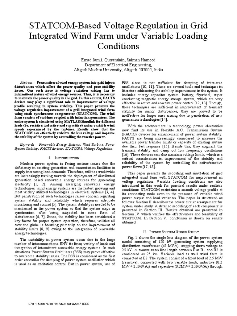 STATCOM-Based Voltage Regulation in Grid Integrated Wind Farm Under Variable Loading Conditions ...