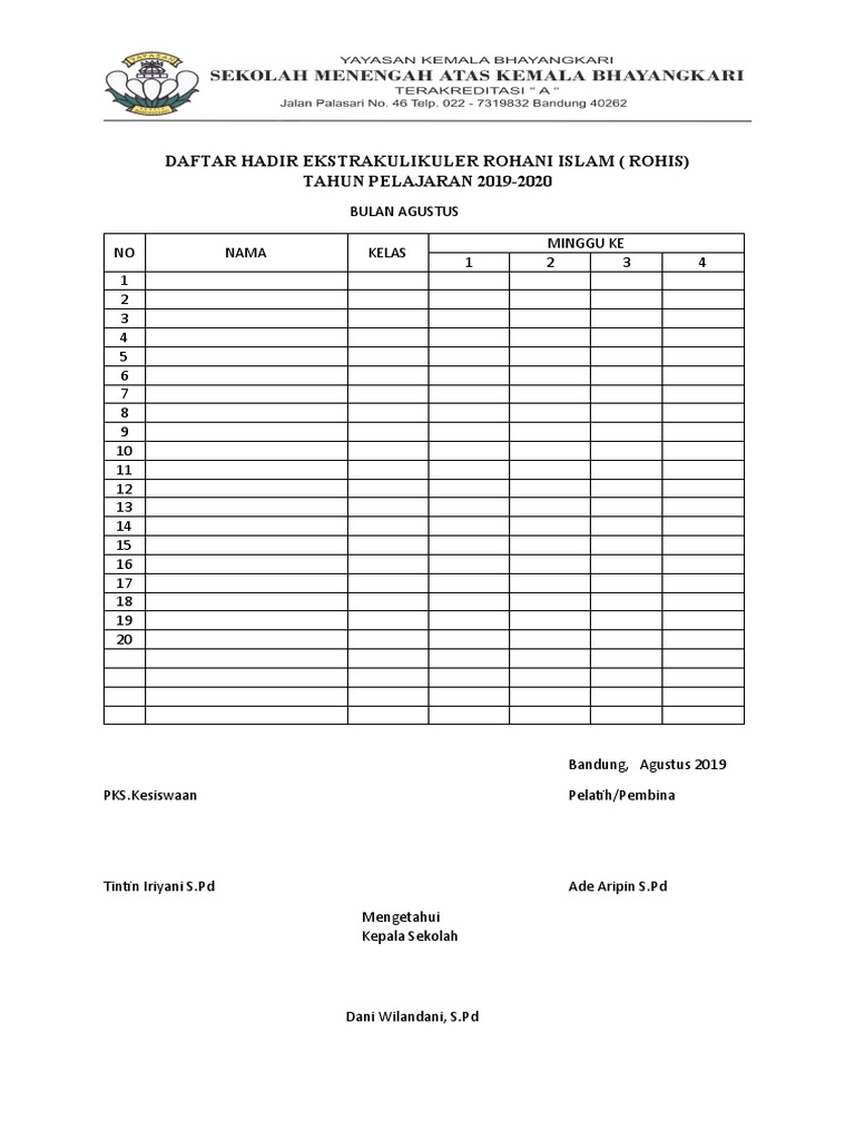 Absensi Rohis 2018-2019 | PDF