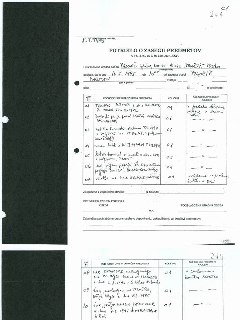 FASCIKEL 2 - Potrdilo o Zasegu Predmetov Prinčič Karmen | PDF