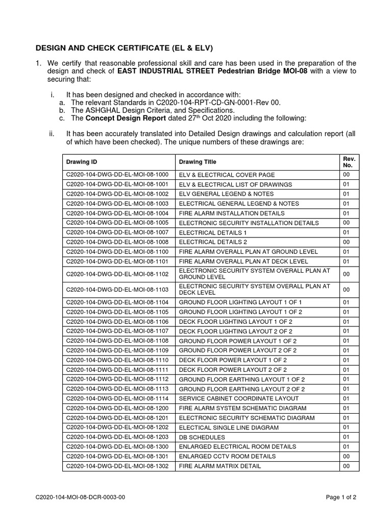 Design and Check Certificate (El & Elv) : Drawing ID Drawing Title Rev ...
