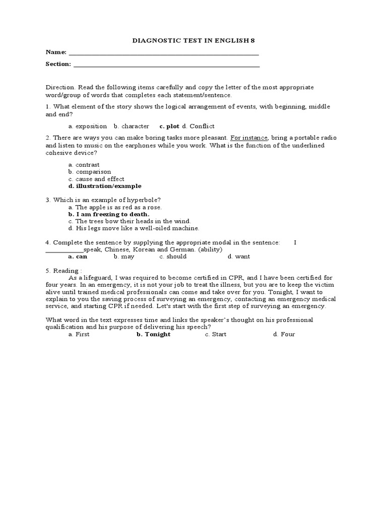 Diagnostic Test in English 8 | PDF