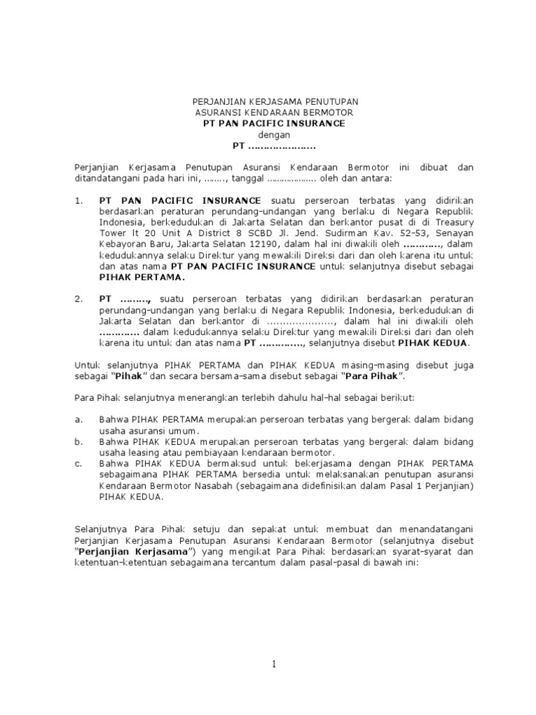 Kerjasama Asuransi Kendaraan Bermotor antara PT Pan Pacific Insurance ...