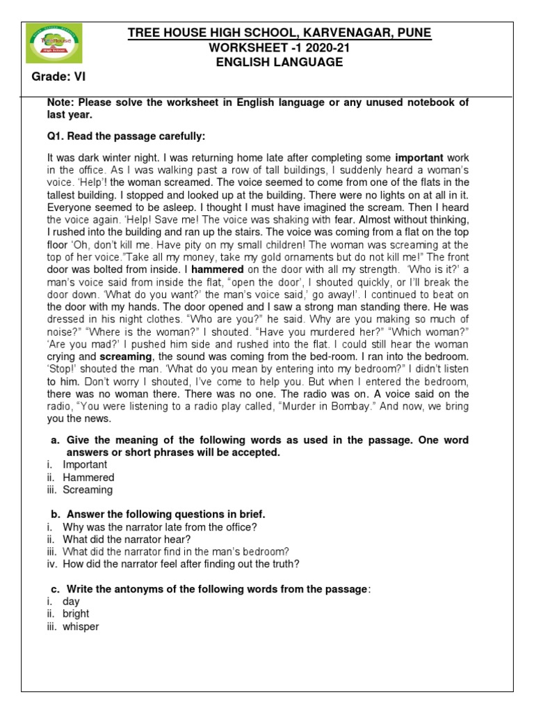 Tree House High School, Karvenagar, Pune WORKSHEET - 1 2020-21 English ...