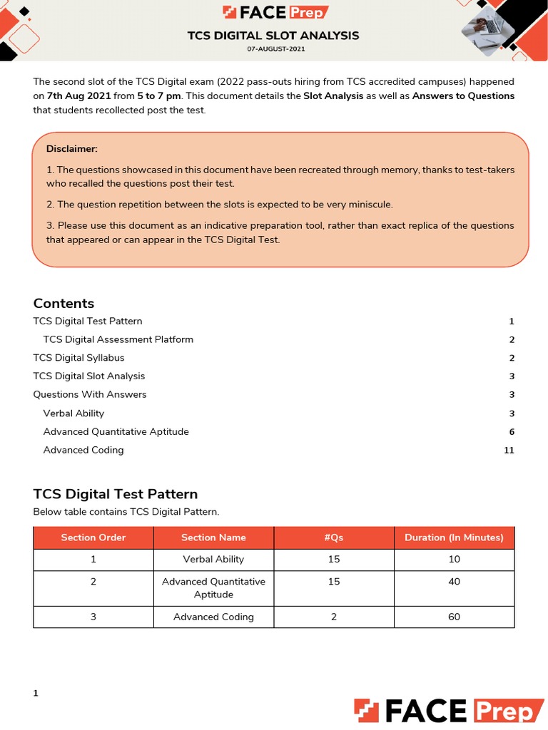 Face Prep Tcs Digital Slot Analysis 7th Aug 2021 Slot 3 | PDF ...