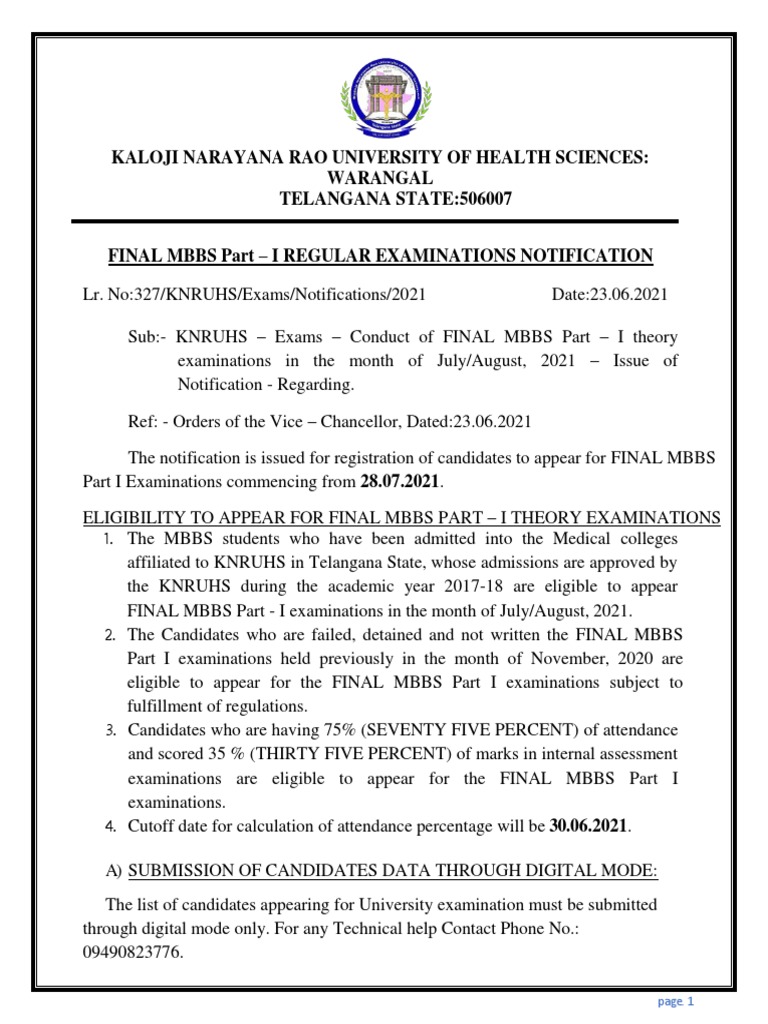 Knruhs - Examinations - Notification For Final MBBS Part I Regular Examinations | PDF | Medical ...