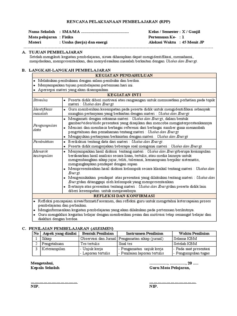 RPP 9 - Usaha (Kerja) Dan Energi | PDF