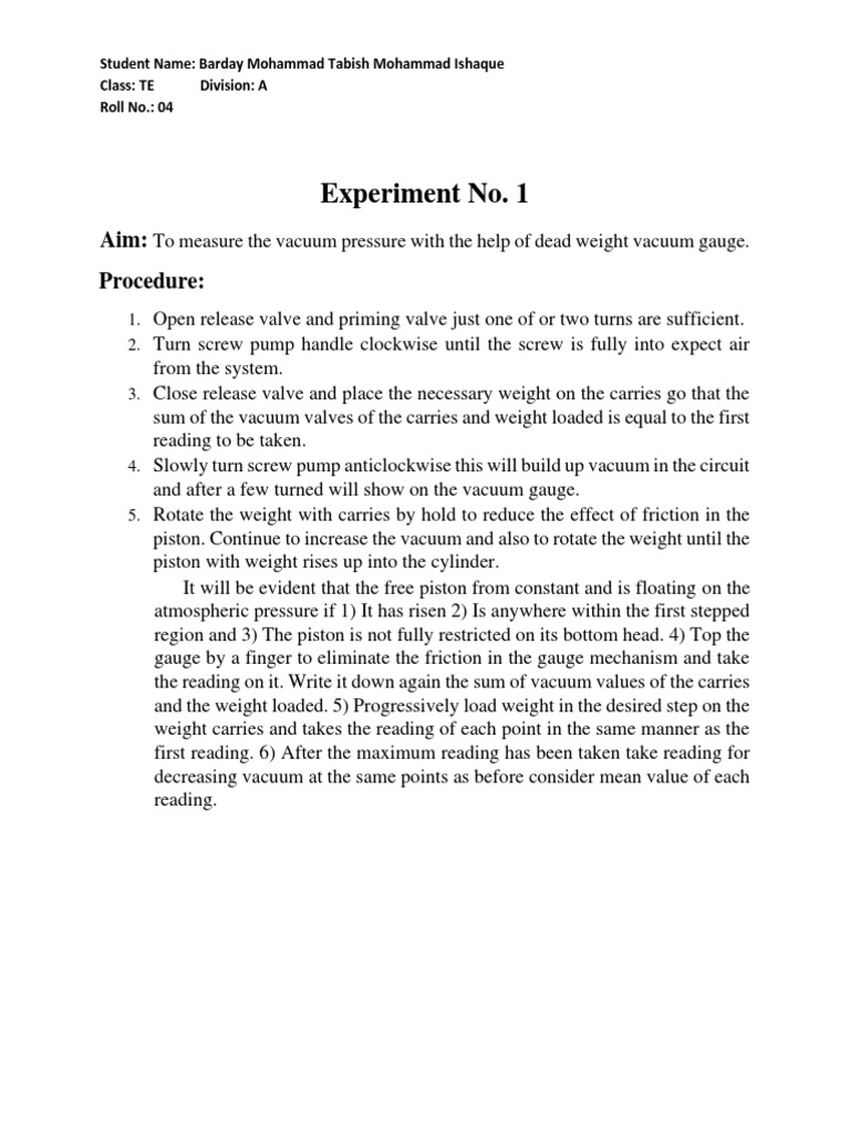 Experiment No. 1: Aim: Procedure | PDF | Vacuum | Pressure Measurement