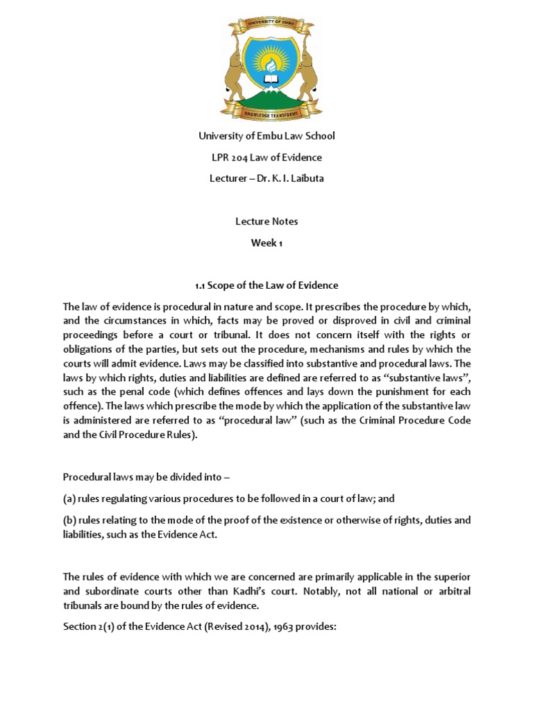 Kyalo Mbobu: Law of Evidence Overview | PDF | Evidence (Law ...