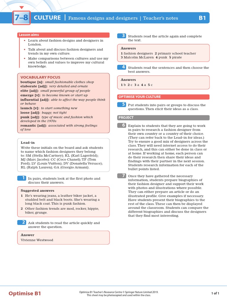 Culture - B1: Famous Designs and Designers - Teacher's Notes | PDF