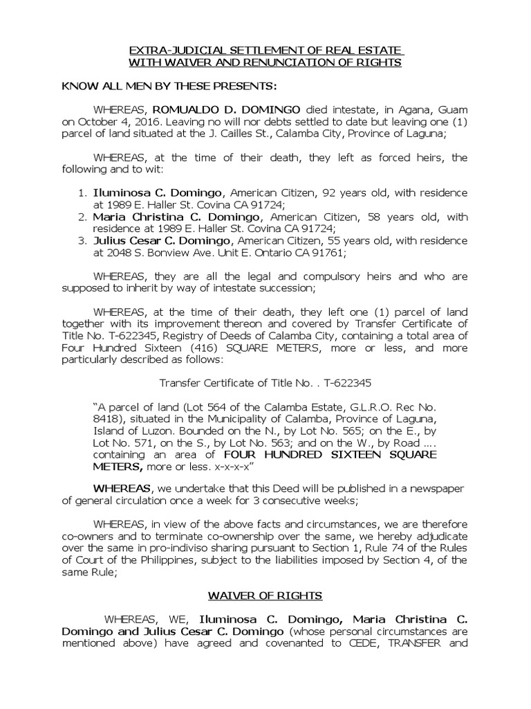 DOMINGO Extra Judicial Settlement With Waiver of Rights SAMPLE | PDF ... DOMINGO Extra Judicial Settlement With Waiver of Rights SAMPLE | PDF ...