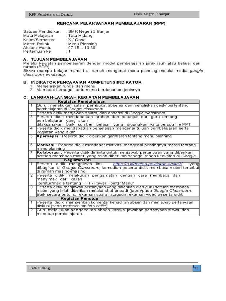 RPP Menu Planning Daring SMK 2 Banjar | PDF | Karier & Perkembangan