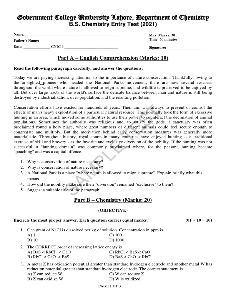 GCU Lahore B.S. Chemistry Entry Test (2021 | PDF | Chlorine | Redox