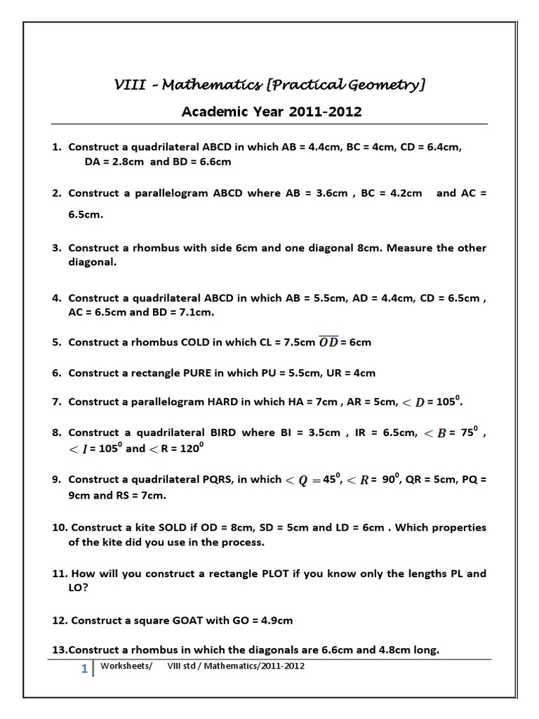 CBSE Class 8 Practical Geometry Worksheet | PDF