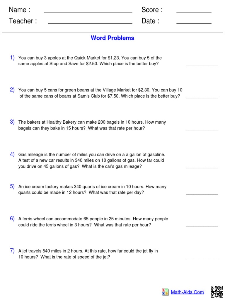 Comparing Rates and Solving Word Problems Involving Conversions of Time ...