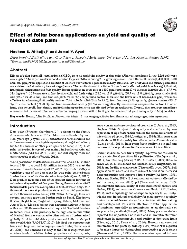 Effect Of Foliar Boron Applications On Yield And Quality Of Medjool