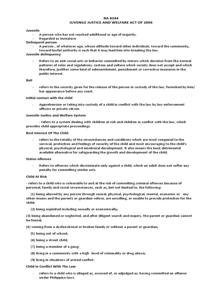 RA 9344 Juvenile Justice and Welfare Act of 2006 | PDF | Juvenile ...