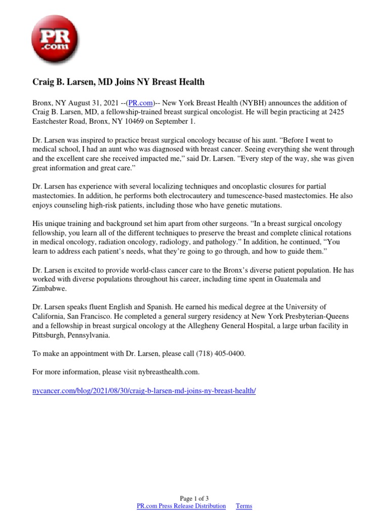 Craig B. Larsen, MD Joins NY Breast Health | PDF | Breast Cancer ...