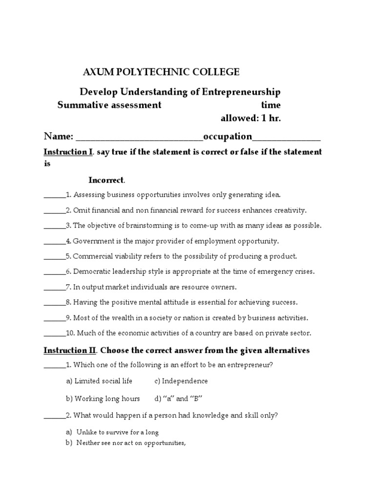 Axum Polytechnic College | PDF | Entrepreneurship | Leadership