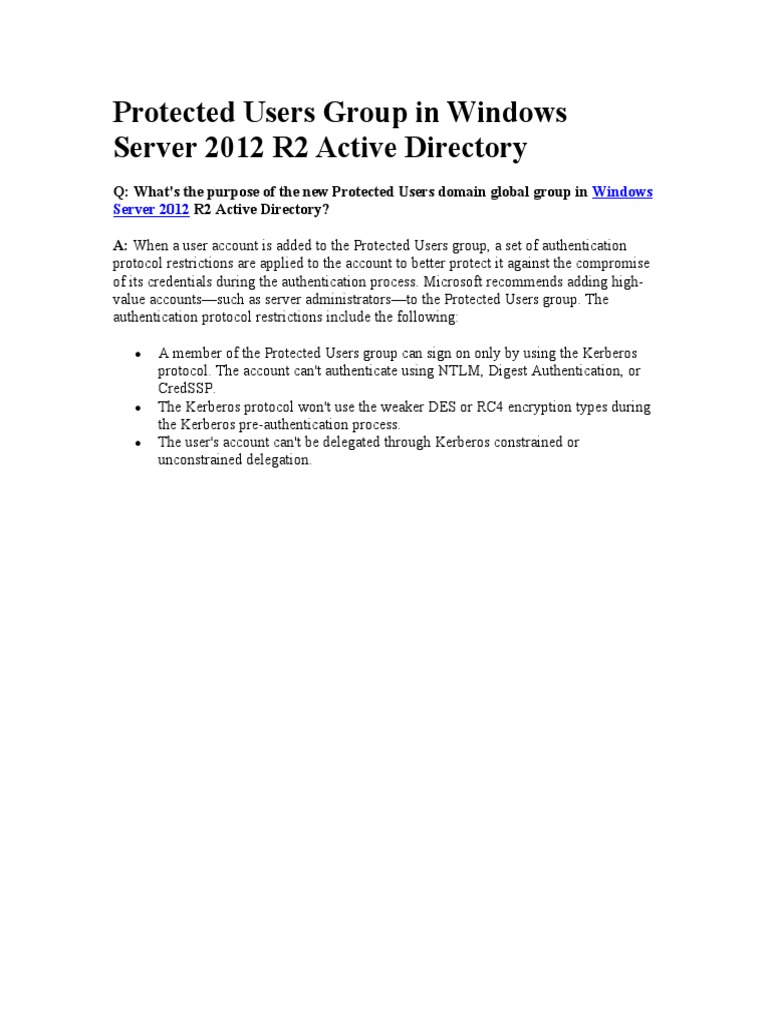 Protected Users Group In Windows Server 2012 R2 Active Directory Pdf
