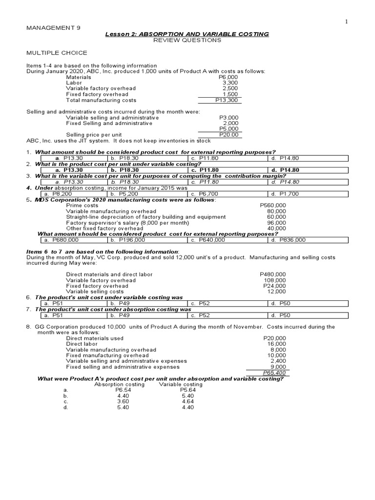 Lesson 2: Absorption and Variable Costing: Management 9 Review Questions Multiple Choice | PDF ...