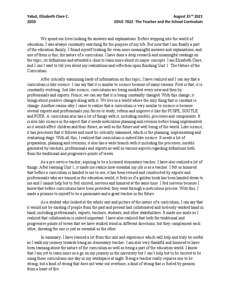 Reflection Paper 1 | PDF | Curriculum | Science