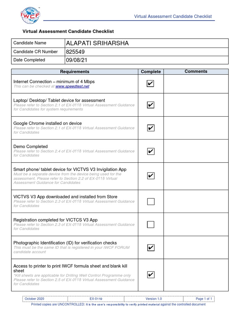 EX-0119 Virtual Assessment Candidate Checklist | PDF