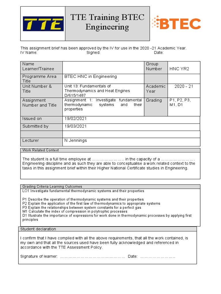HNC Engineering Thermodynamics Assignment | PDF | Thermodynamics ...