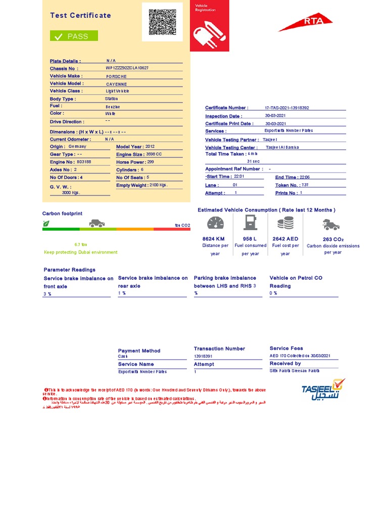 Test Certificate: Keep Protecting Dubai Environment | PDF | Vehicles ...