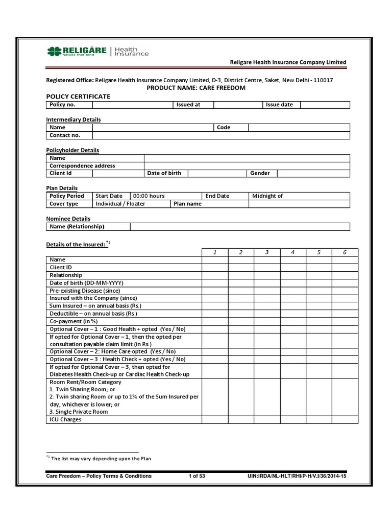 Religare - Care Freedom | PDF | Insurance | Deductible