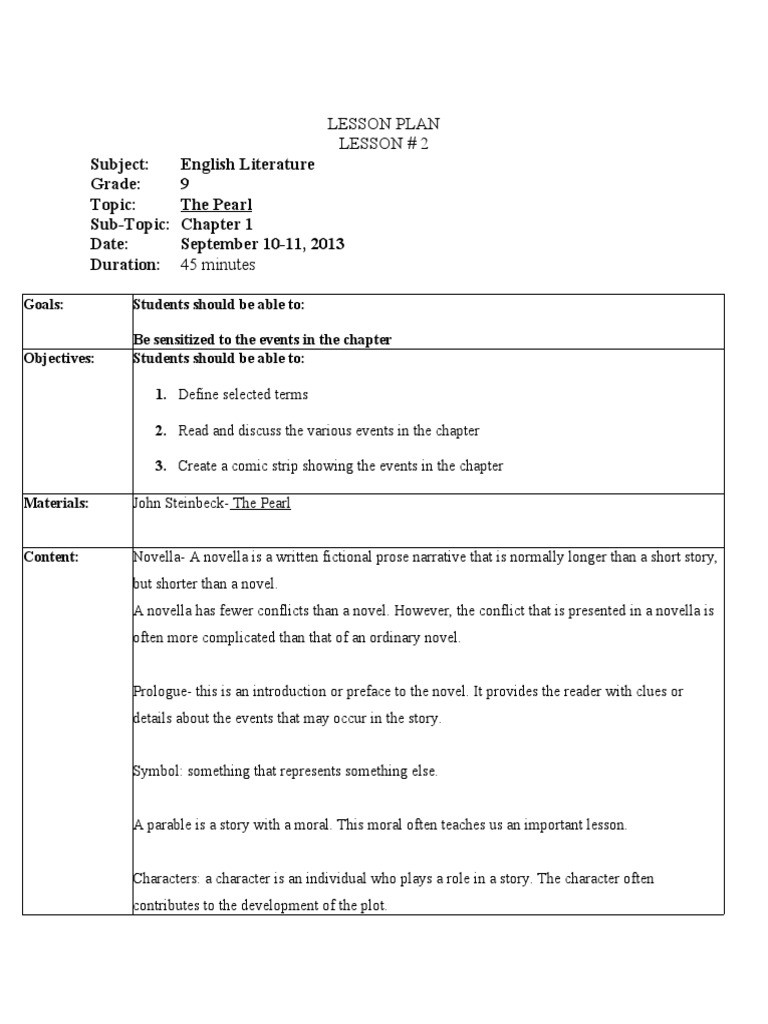The Pearl Chapter 1 Lesson Plan | PDF | Novella