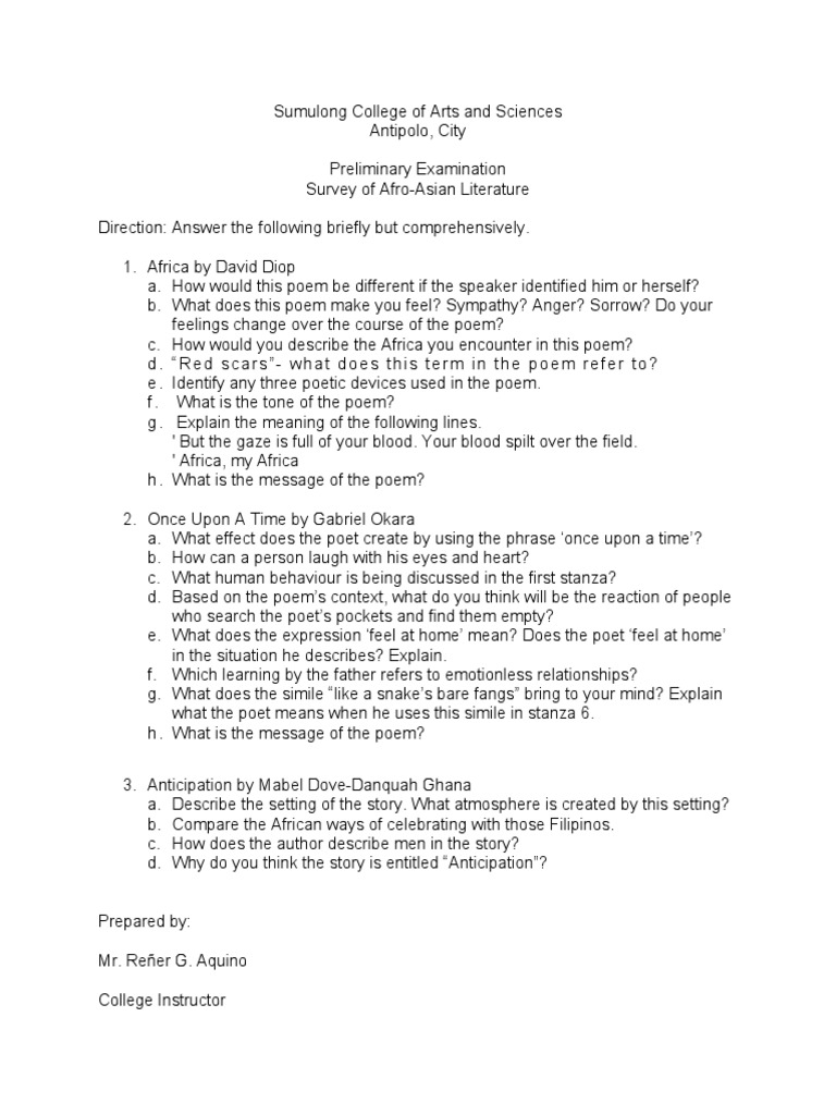 Prelim Exam Survey of Afro-Asian Literature | PDF