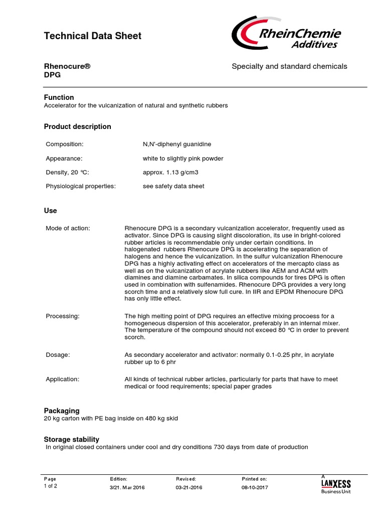 Technical Data Sheet: Rhenocure® DPG | PDF | Chemistry | Materials