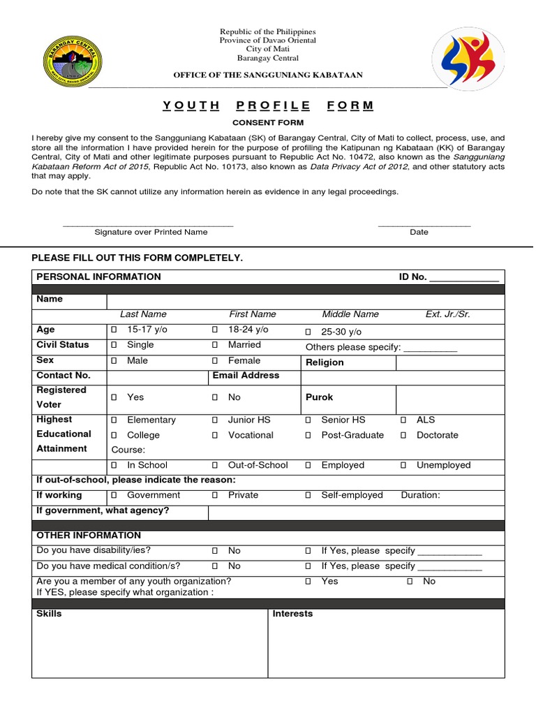 Youth Profile Form: Office of The Sangguniang Kabataan | PDF