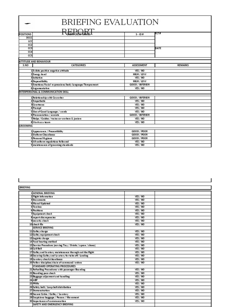 Cabin Crew Performance Evaluation and Briefing Checklist | PDF | Human ...