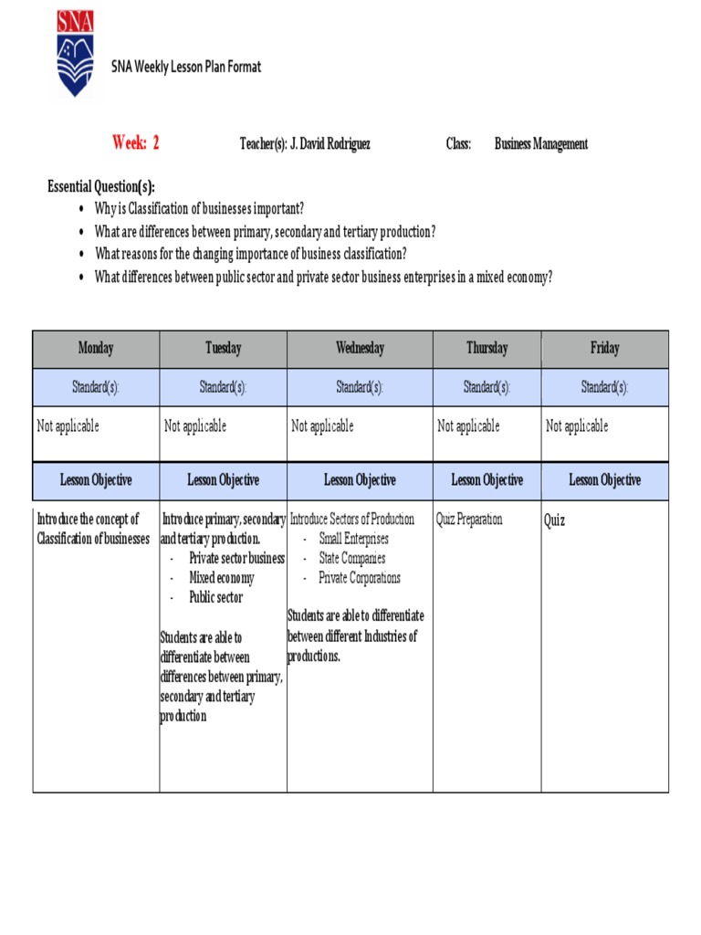 Week: 2: SNA Weekly Lesson Plan Format | PDF | Lesson Plan | Economies