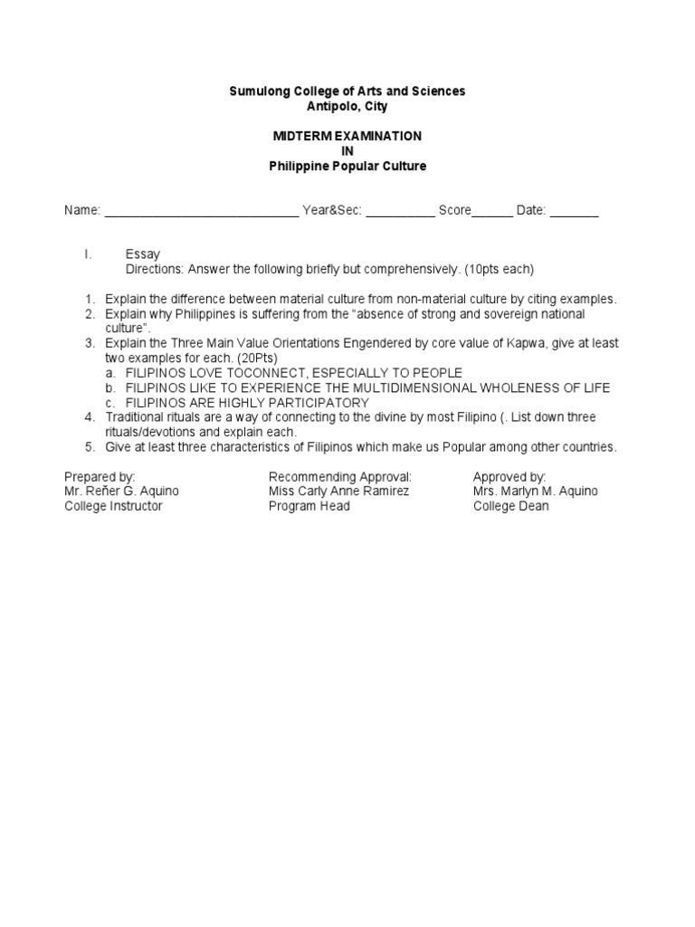 Philippine Popular Culture Midterm Exam | PDF