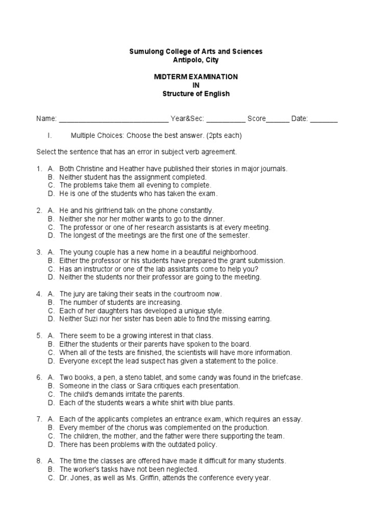 Structure of English Midterm Exam | PDF